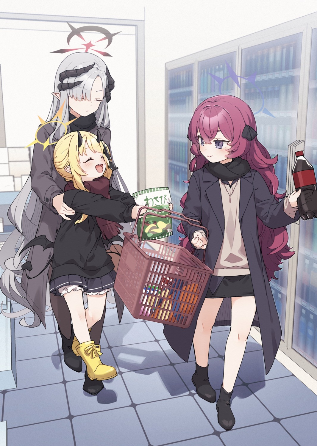 kusaka shi blue archive hanuma makoto natsume iroha tanga ibuki devil halo horns pointy ears ...